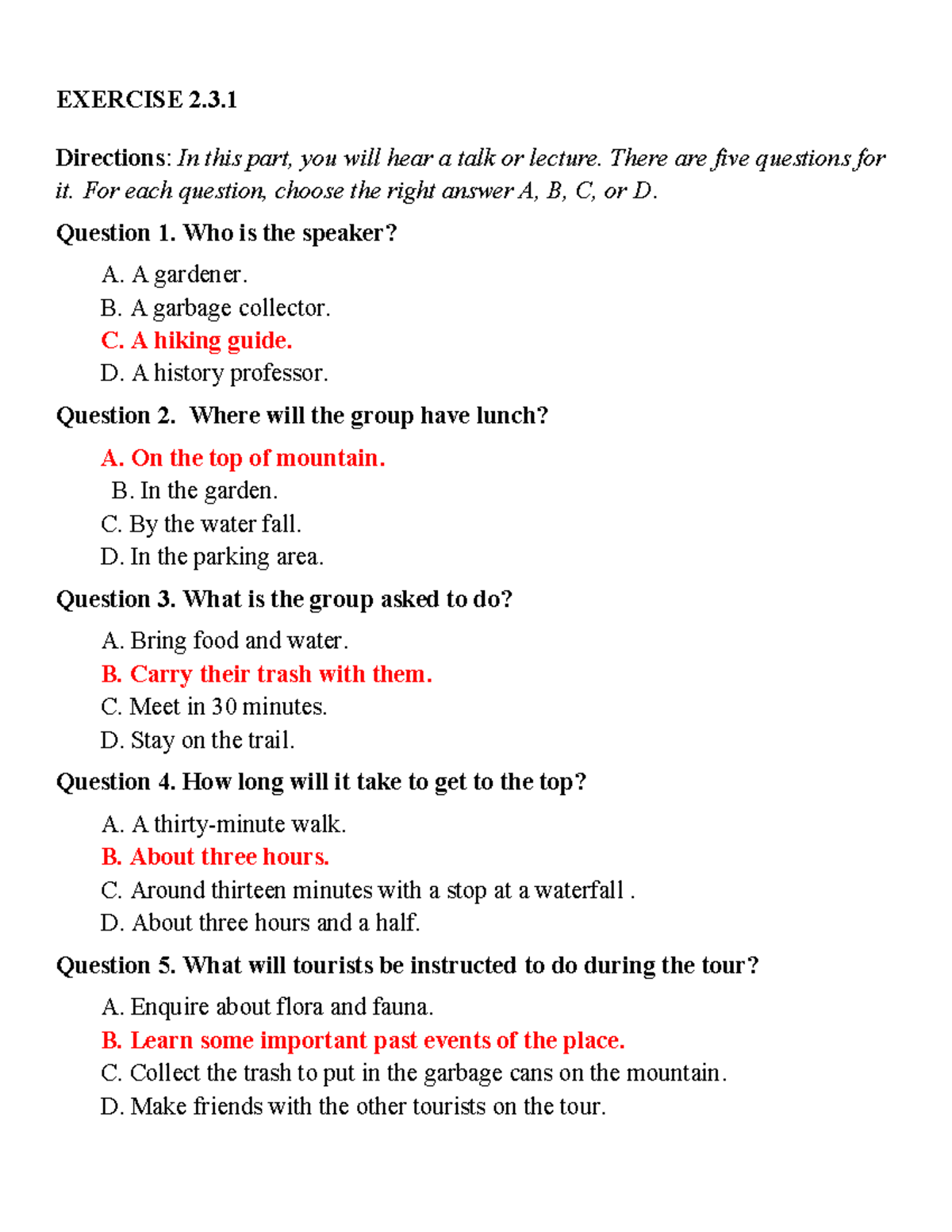 Exercise 2 - Listening Comprehension Questions and Answers - Studocu