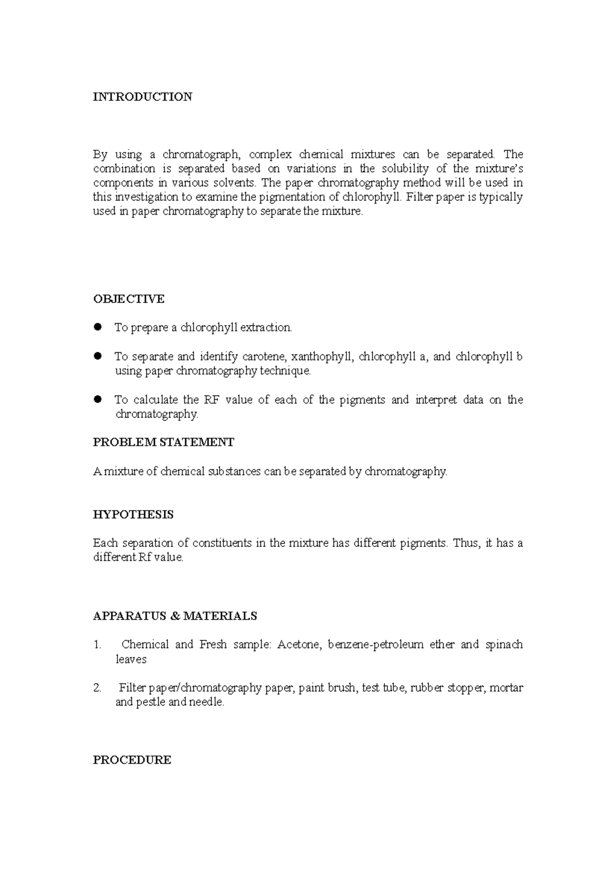 Bio Lab Report: Chromatography of Chlorophyll Pigments Analysis - Studocu