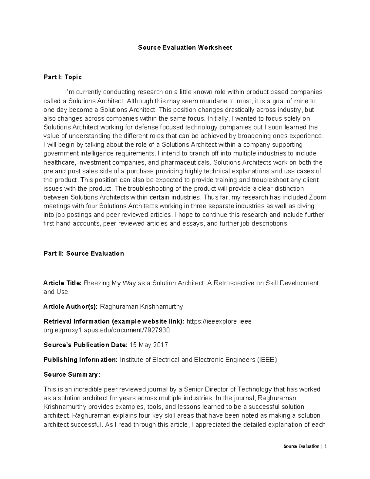 Source Evaluation Worksheet: Research on Solutions Architect Roles and ...