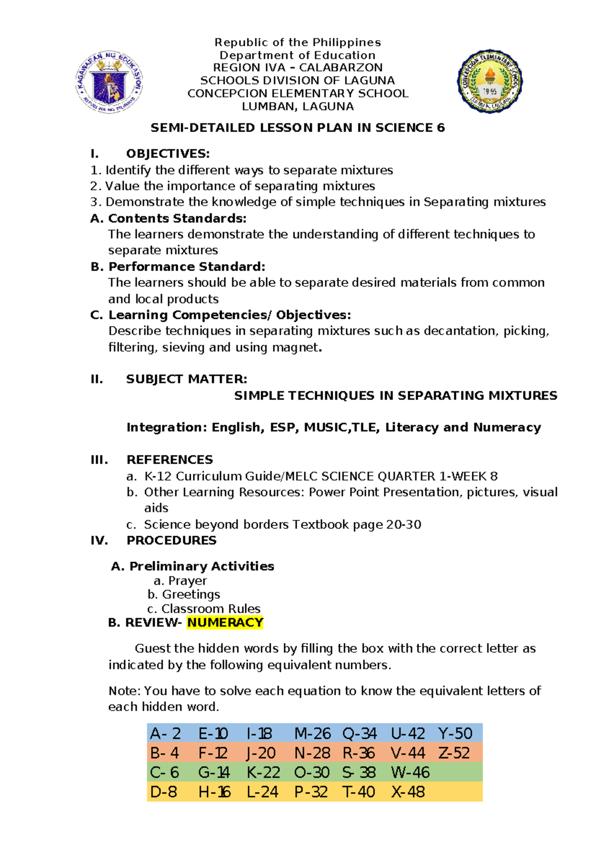 COT-SCIENCE-6-Q1: Lesson Plan on Techniques for Separating Mixtures ...
