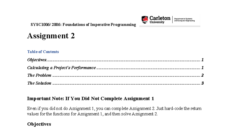 SYSC2006 - A02 - Foundations of Imperative Programming Assignment Guide ...