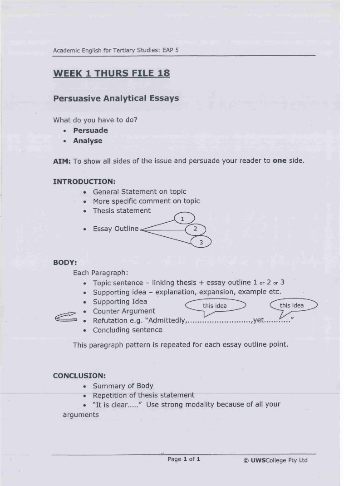 Persuasive Analytical Essay Structure: EAP 5 WEEK 1 THURS FILE 18 - Studocu