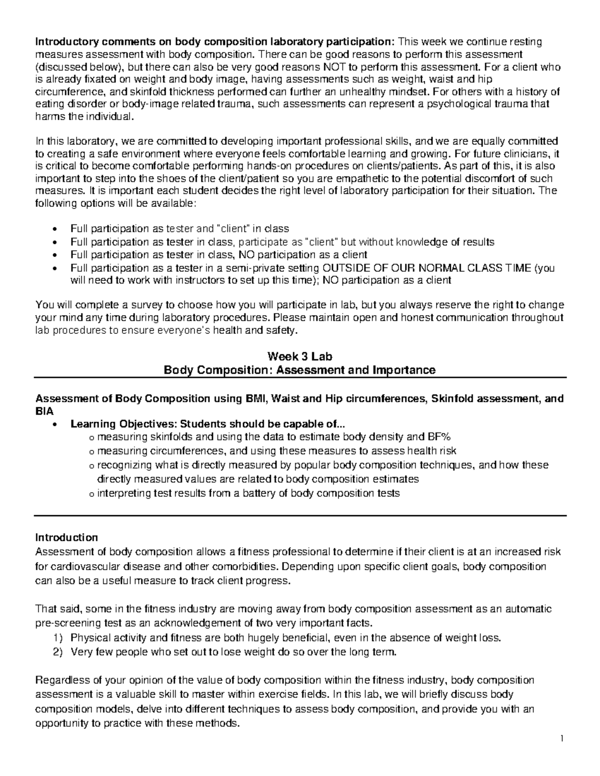 HHP4200 Lab 3 Resting Measures Body Composition-5 - Introductory ...