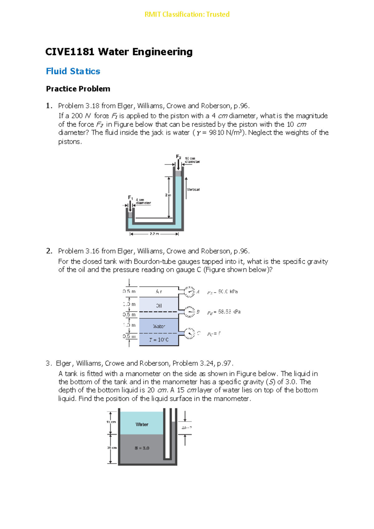CIVE1181 Fluid Statics Practice Problems Week 2-3 - Studocu