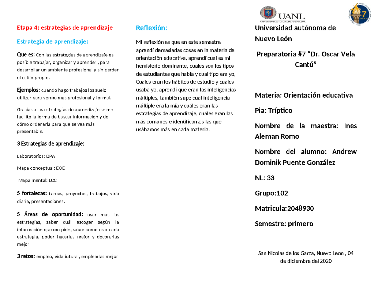 Triptico-PIA - tarea - Etapa 4: estrategias de aprendizaje Estrategia de aprendizaje: Que es ...