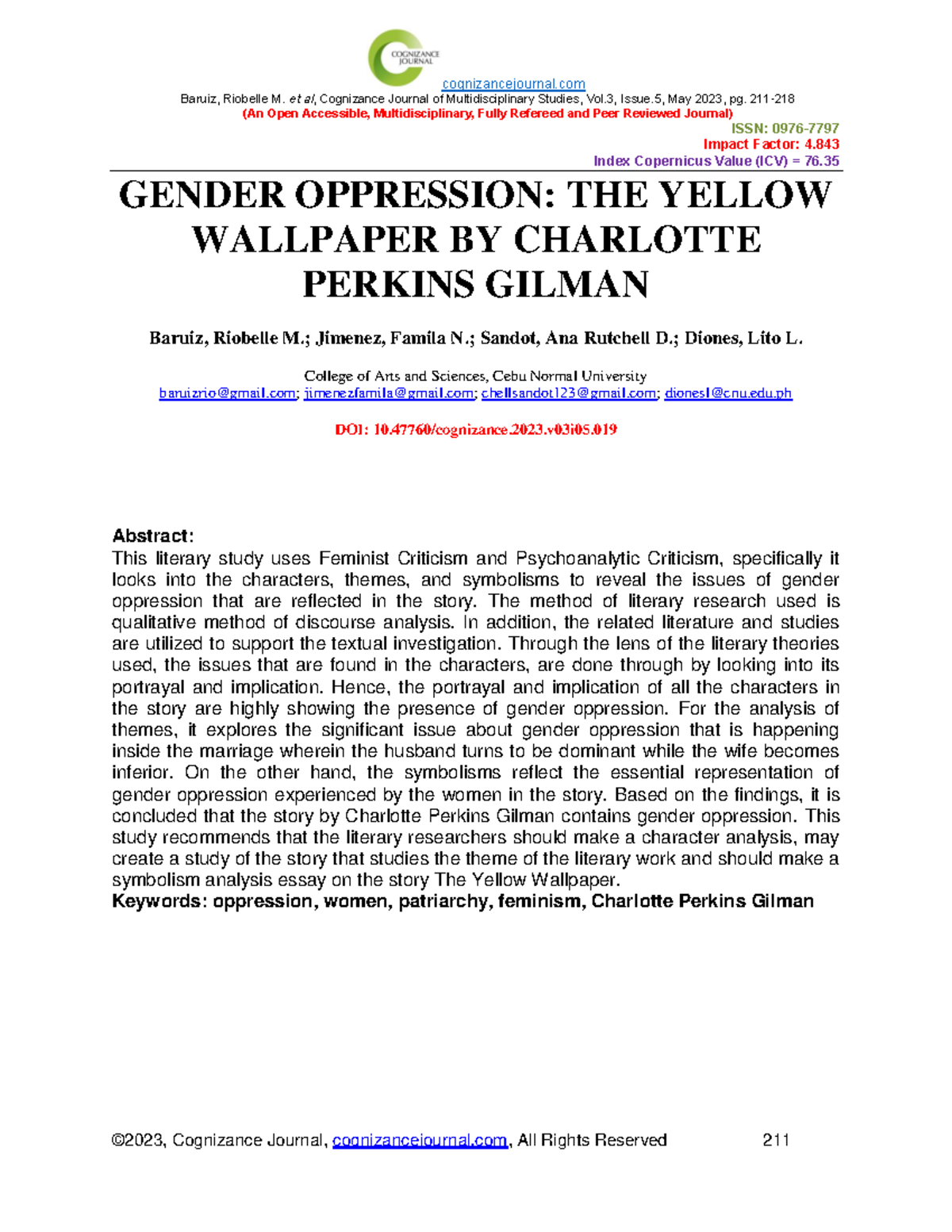 GENDER OPPRESSION IN THE YELLOW WALLPAPER: A LITERARY ANALYSIS - Studocu