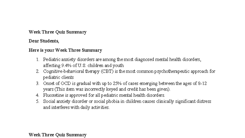 NR 547 Week 3 Quiz Summary on Pediatric Anxiety Disorders - Studocu