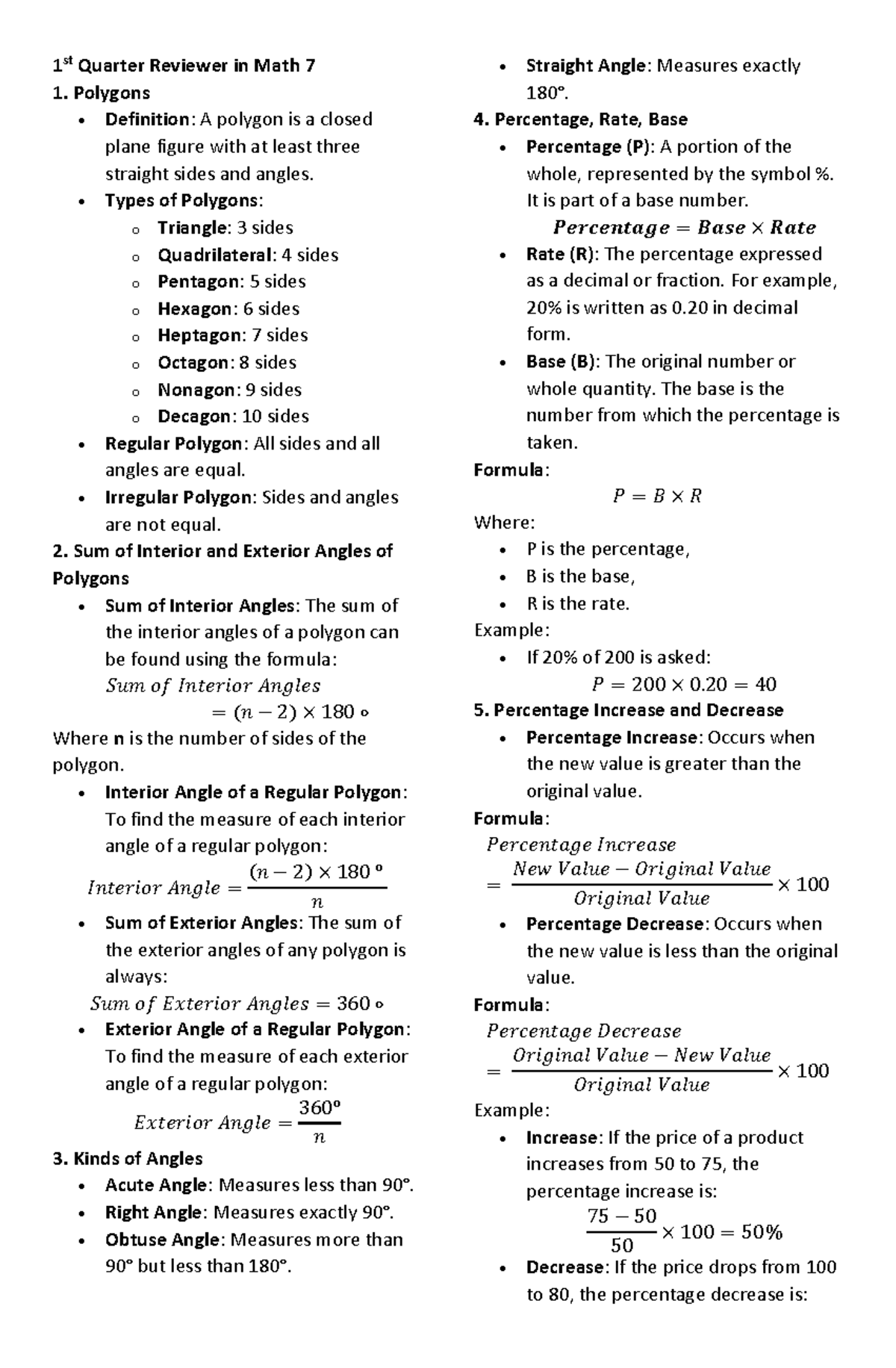Math 7 1st Quarter Reviewer: Polygons, Angles, and Percentages - Studocu