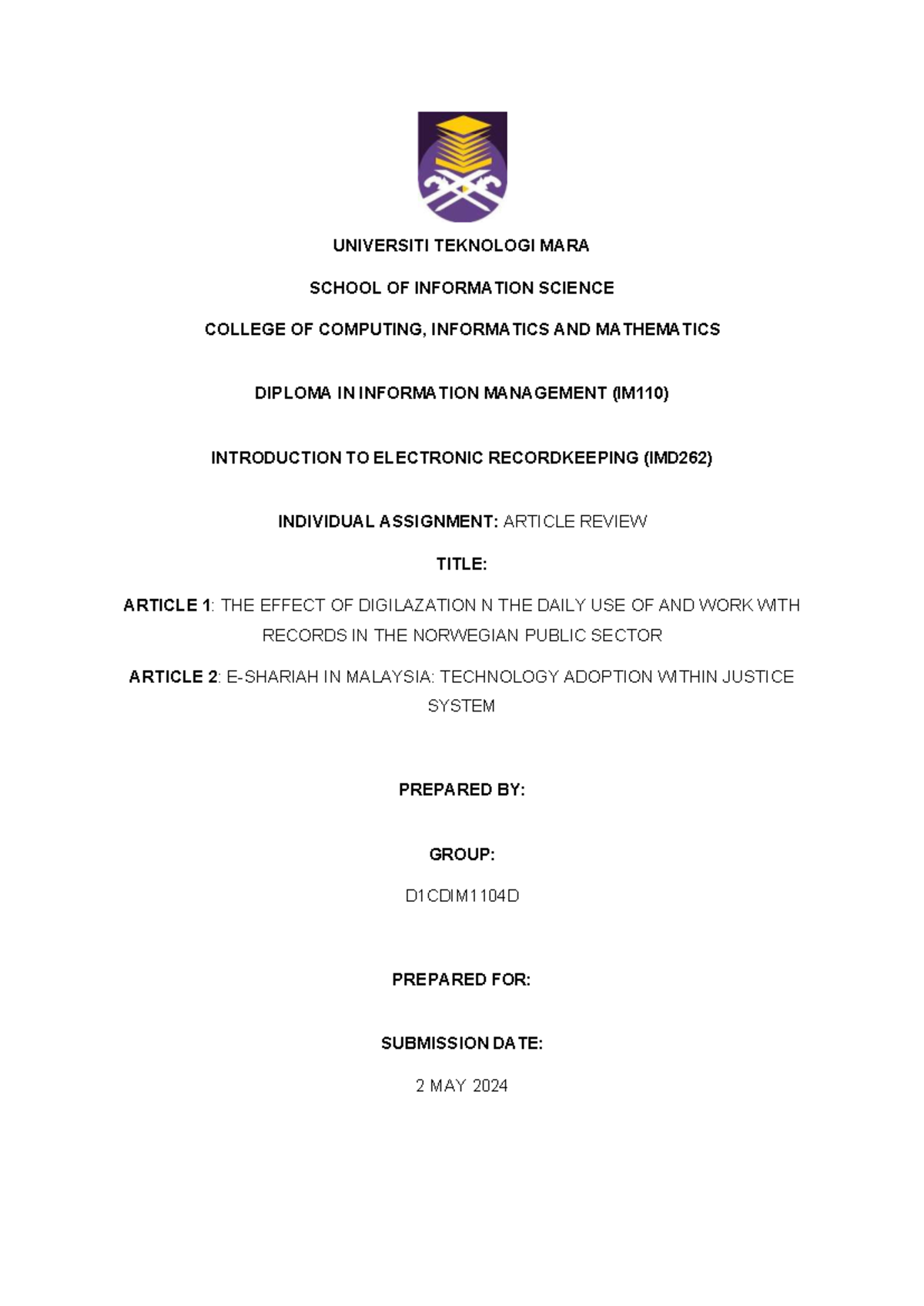 IM110 Individual Assignment: Article Review on Digitalization in ...
