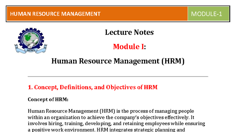 HUMAN RESOURCE MANAGEMENT Lecture Notes Module I: HRM Concepts ...