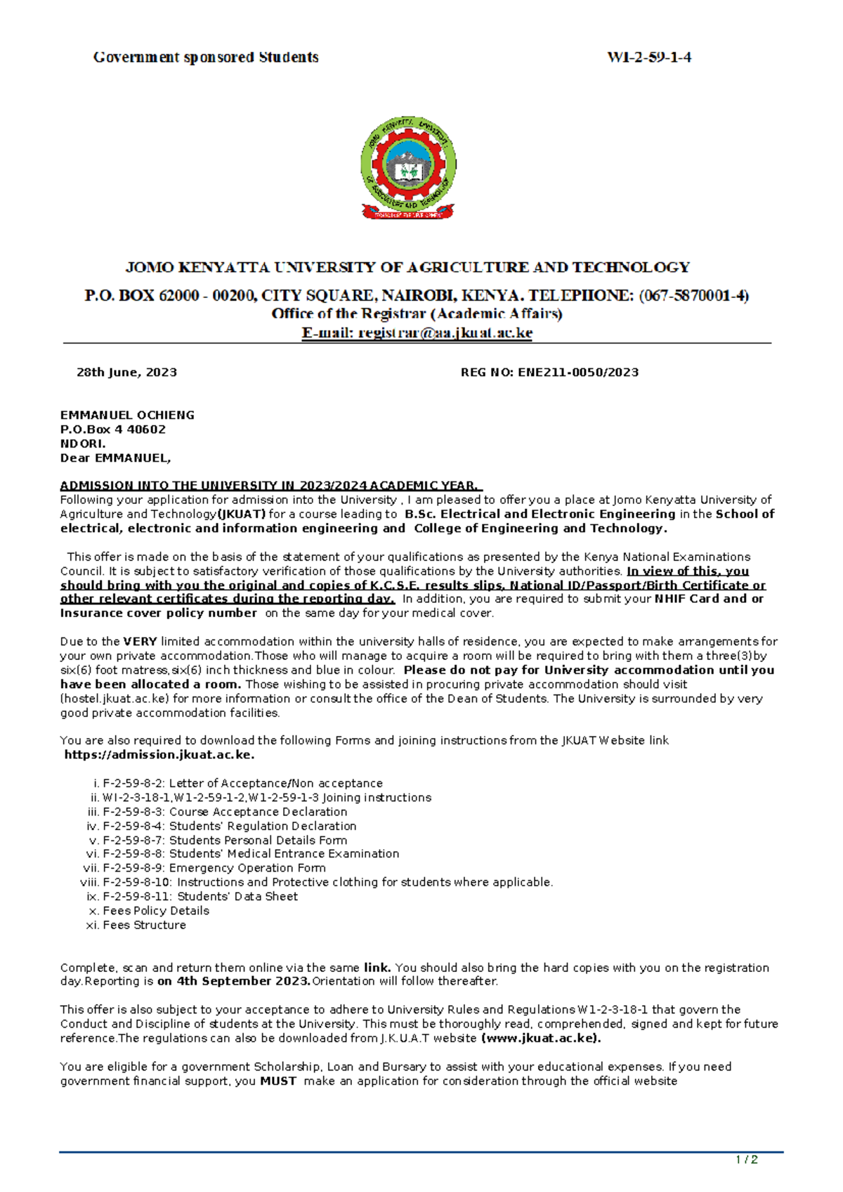 JKUAT Admission Letter for B.Sc. Electrical Engineering - Sept 2023 ...
