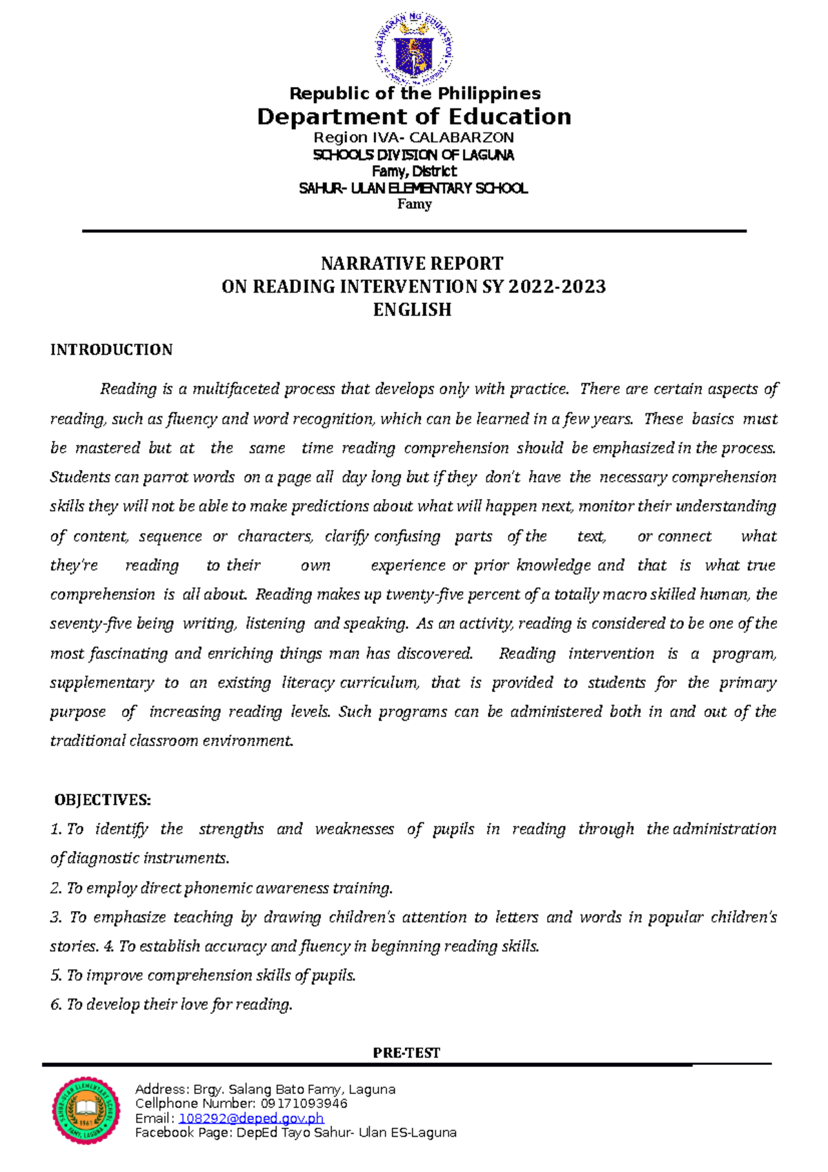 Narrative Report on Reading Intervention SY 2022- CALABARZON - Studocu