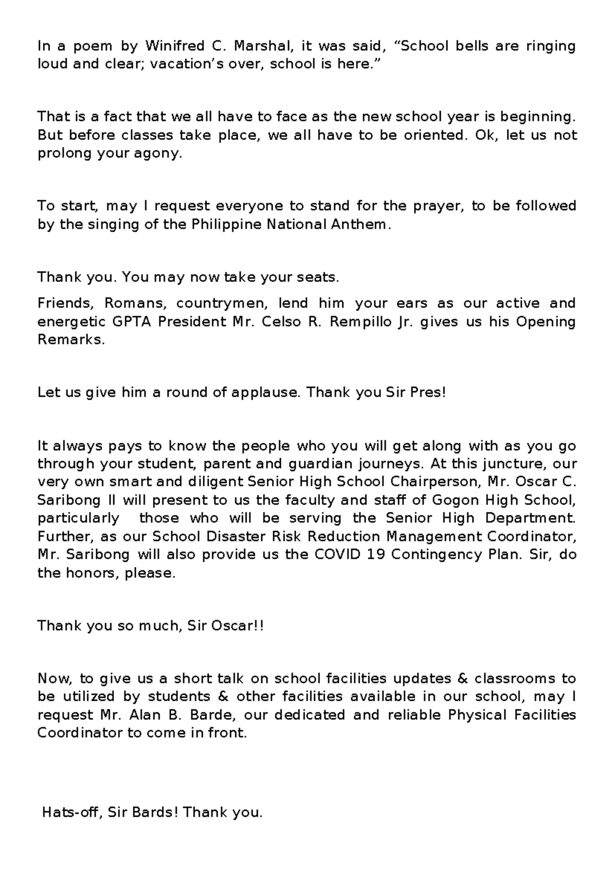 Opening Remarks and School Orientation - Gogon High School - Studocu