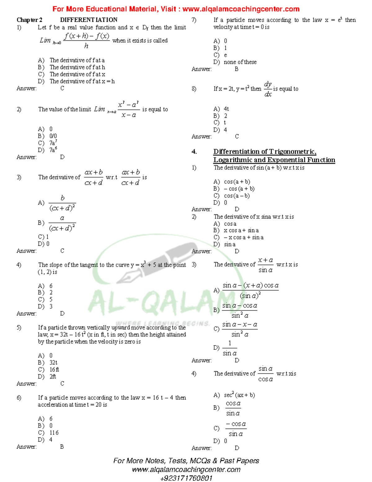 Differentiation MCQs with Answers for 2nd Year Students (Math 101 ...