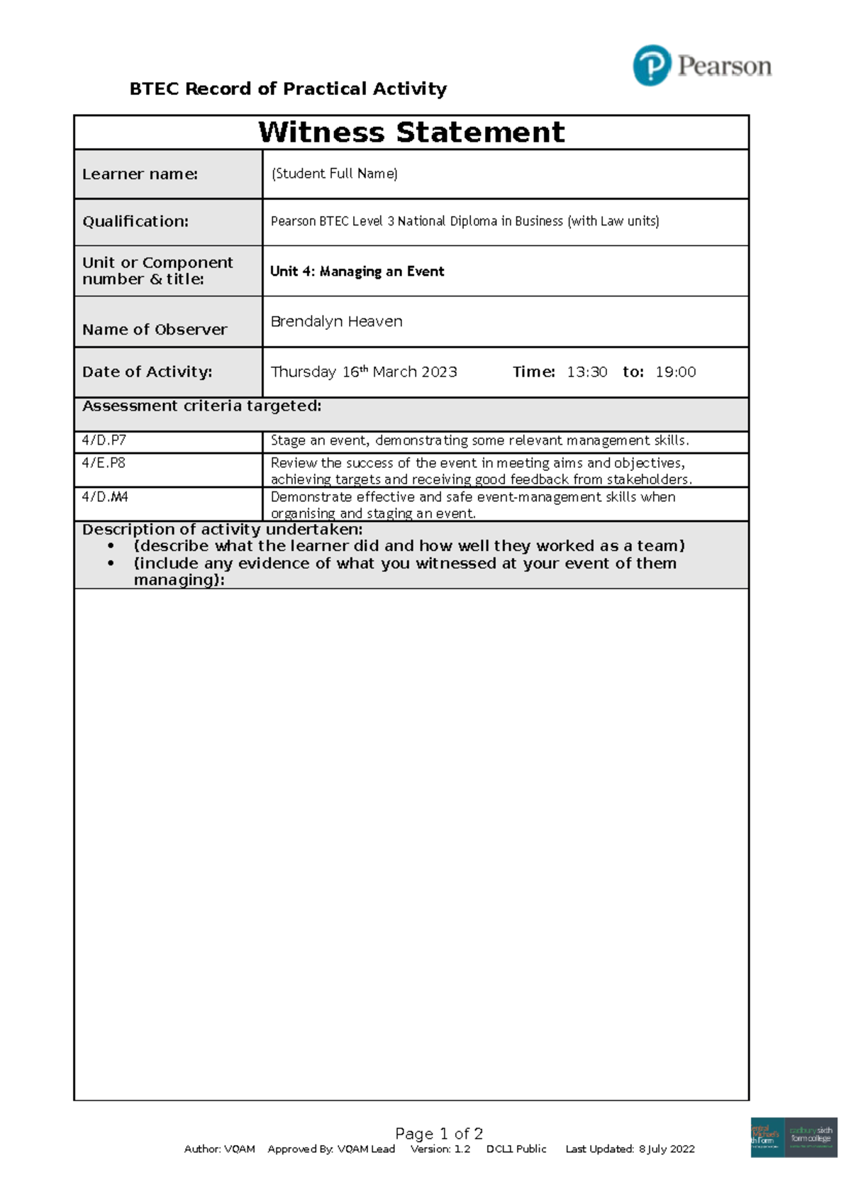 BTEC Level 3 Unit 4 Witness Statement for Event Management 2023 - Studocu