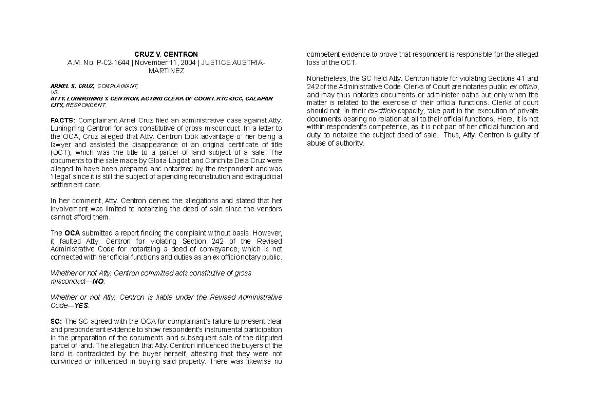CRUZ V. CENTRON A.M. No. 2004 - Case Analysis and Ruling - Studocu