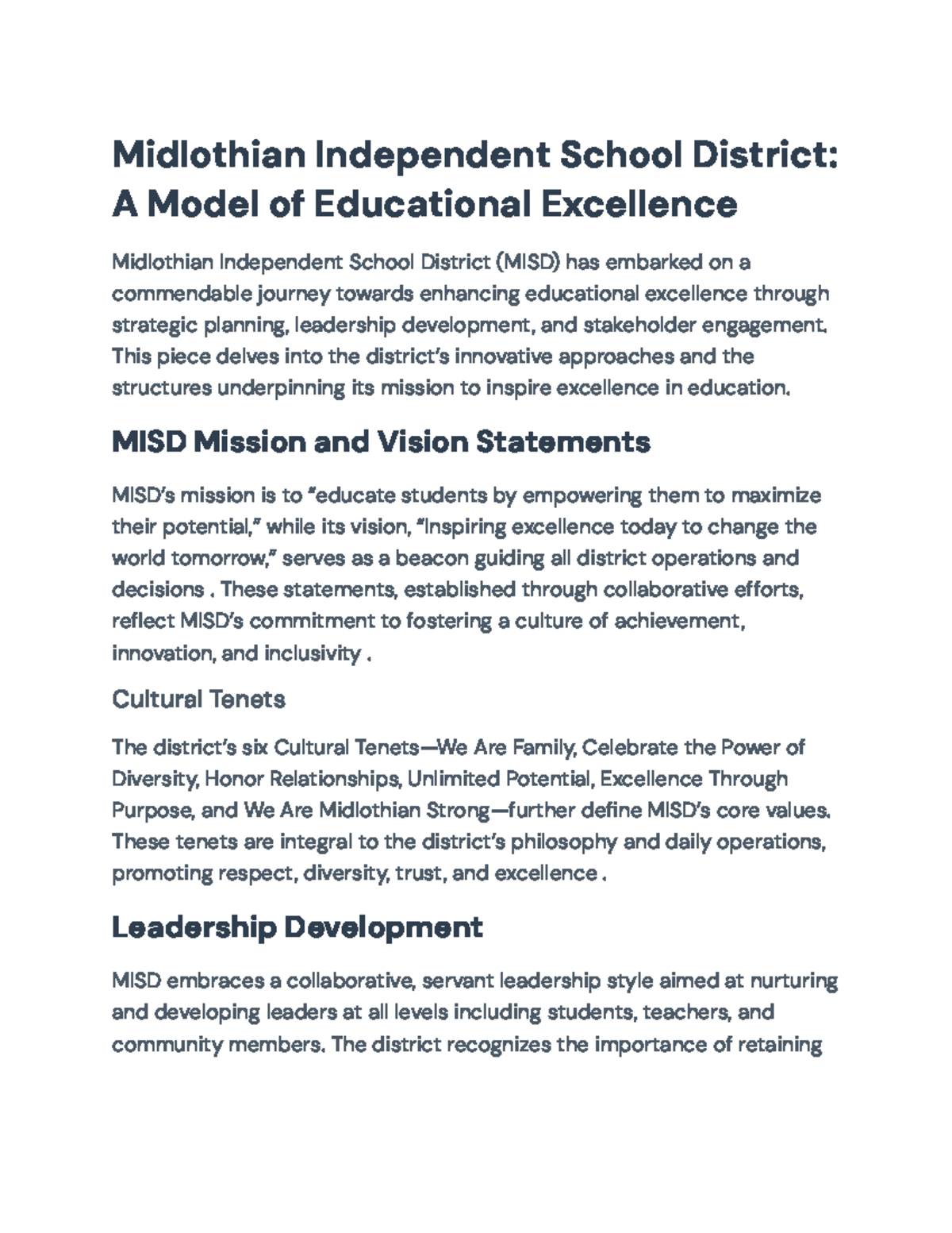 Midlothian ISD Educational Excellence: Strategies & Stakeholder ...