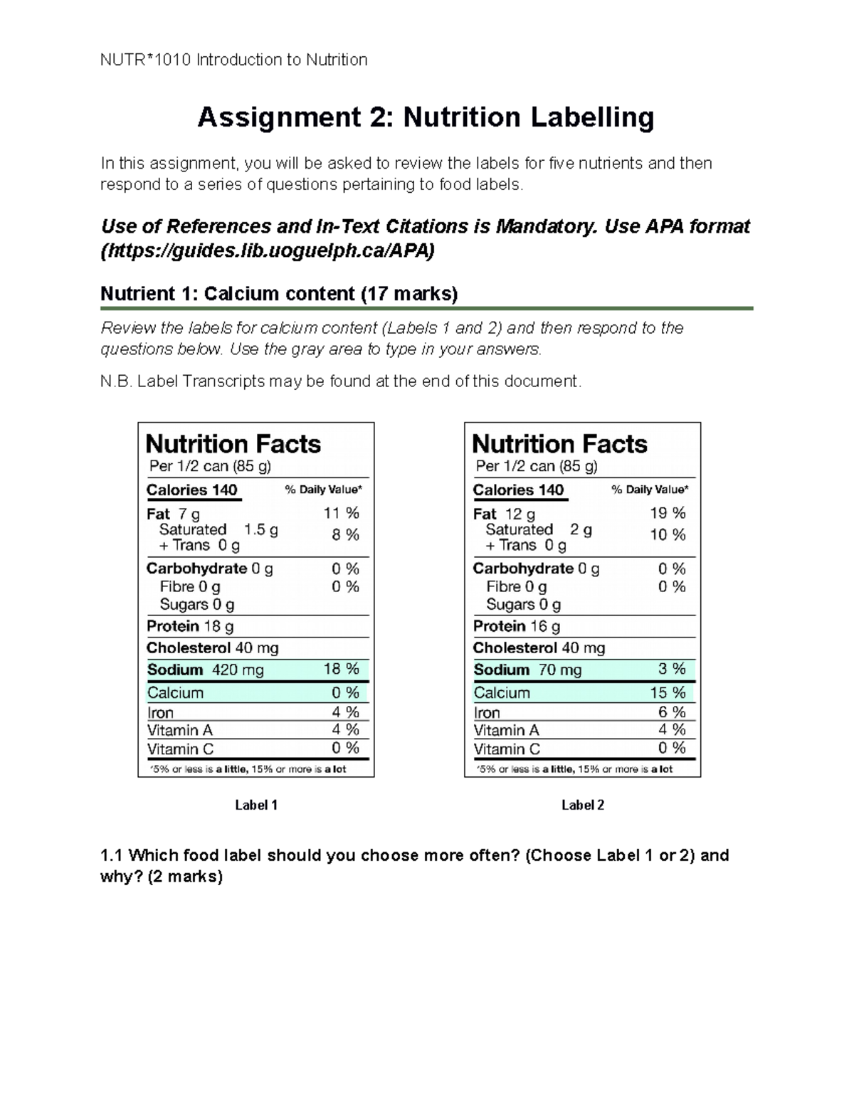 NUTR1010DE Assignment 2: Nutrition Label Analysis and Questions - Studocu