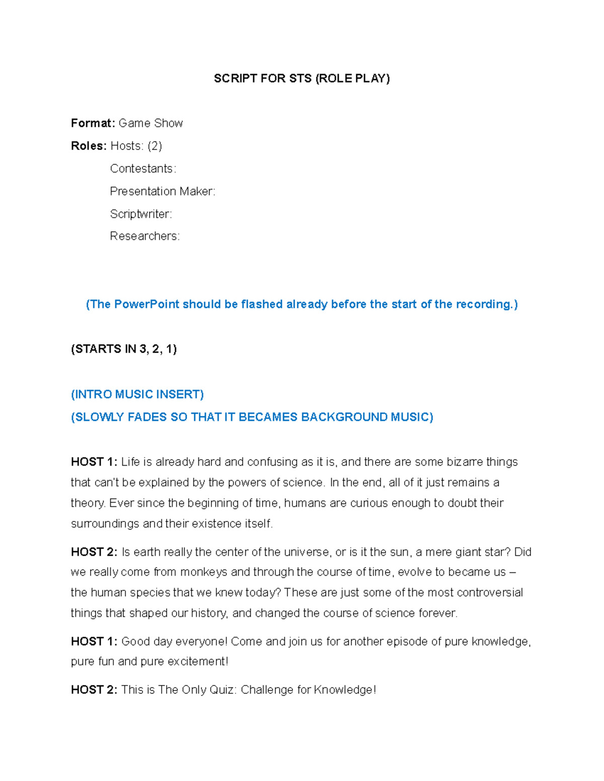 Final Script for STS Game Show: Exploring Copernican and Darwinian ...