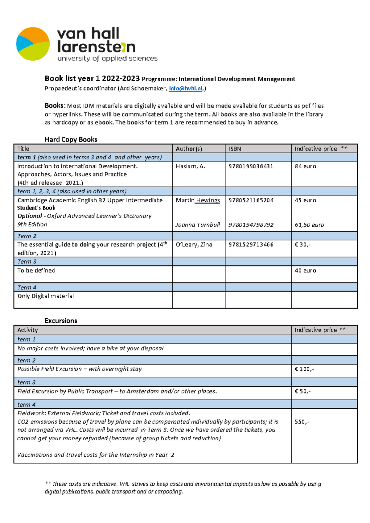 Booklist and Costs for Propaedeutic Year 1 IDM 2022-2023 - Studeersnel