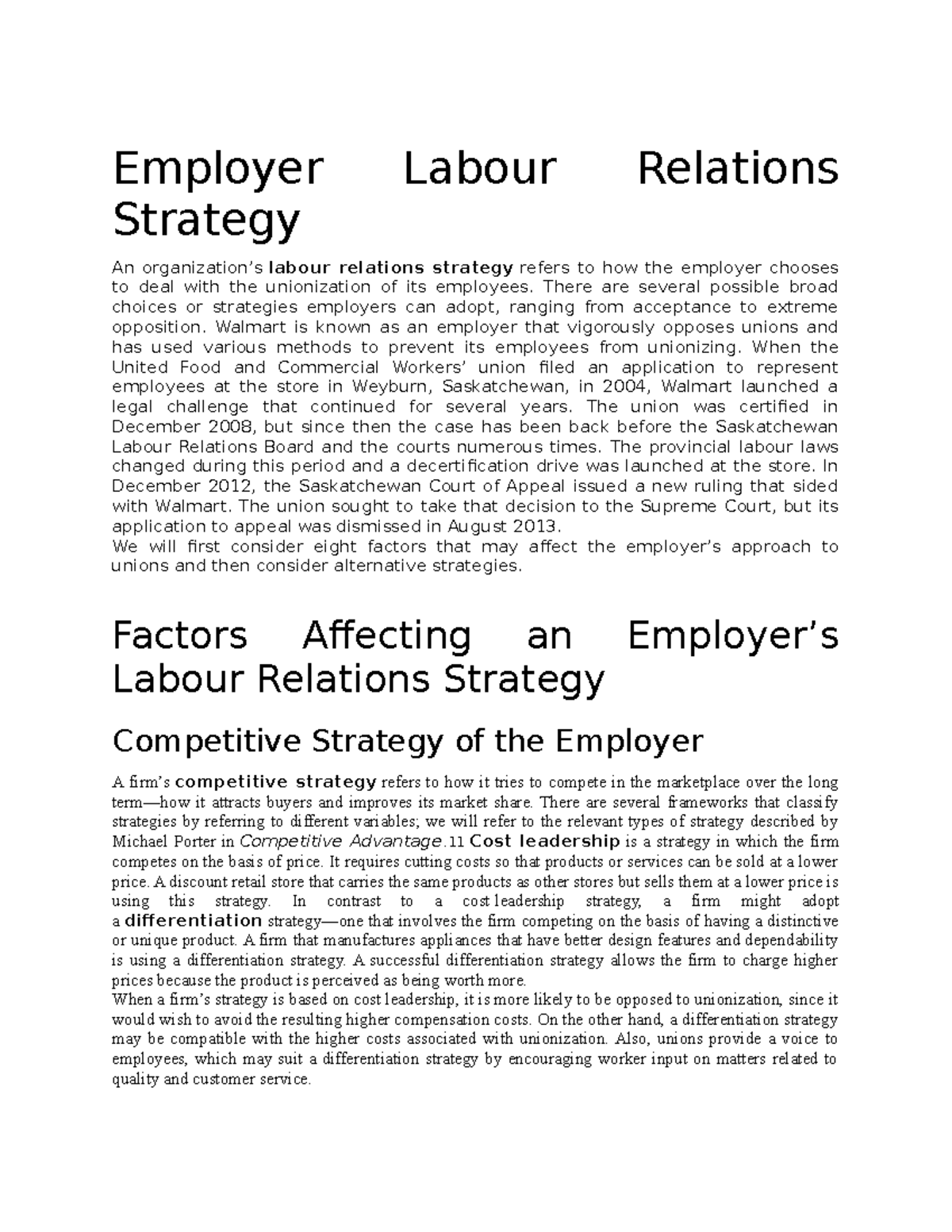 Employer Labour Relations Strategy: Factors Influencing Approaches ...
