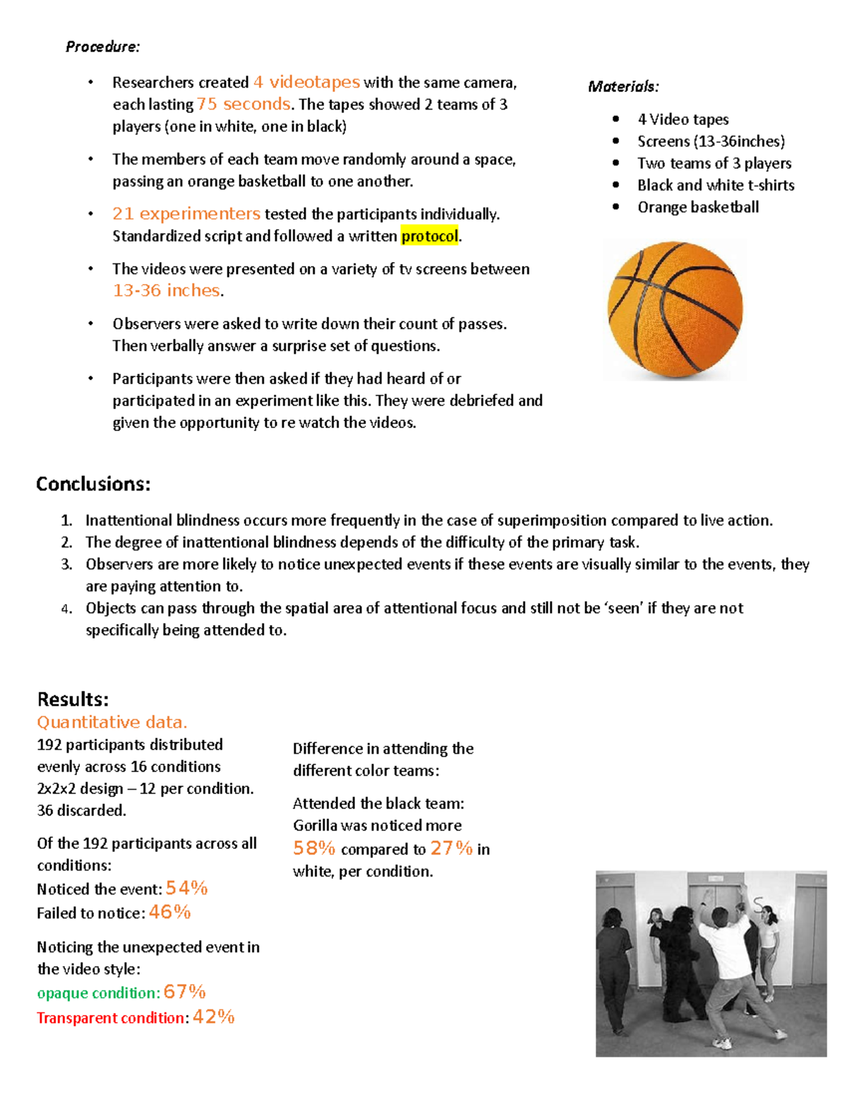 Simons and Chabris study summary - 123 Conclusions: 1. Inattentional ...