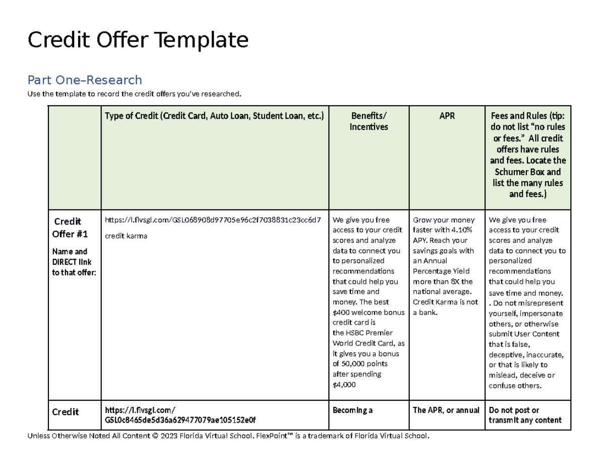 03 - ffw - Credit Offer Template Part One–Research Use the template to ...