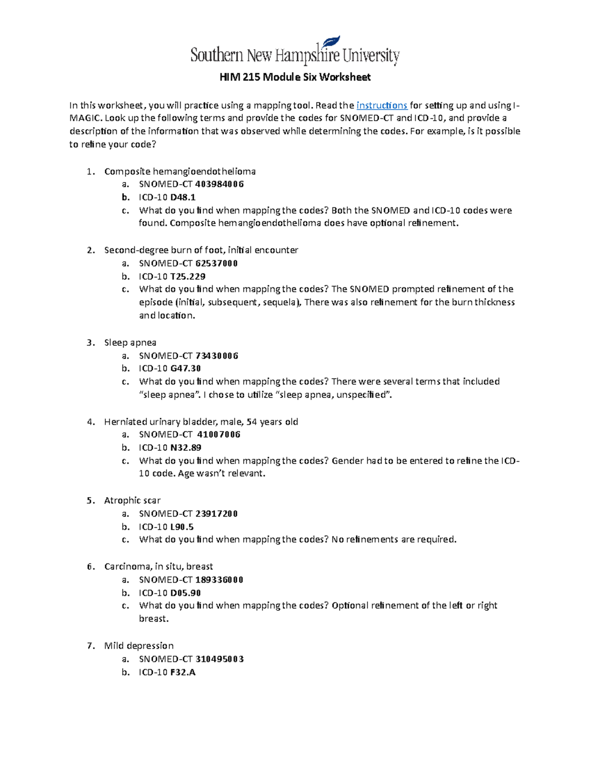 HIM 215 Module 6: SNOMED-CT & ICD-10 Code Mapping Worksheet - Studocu