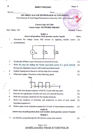 ECT205 Network Theory question paper (2019 scheme) - ffi Nf:;.-,