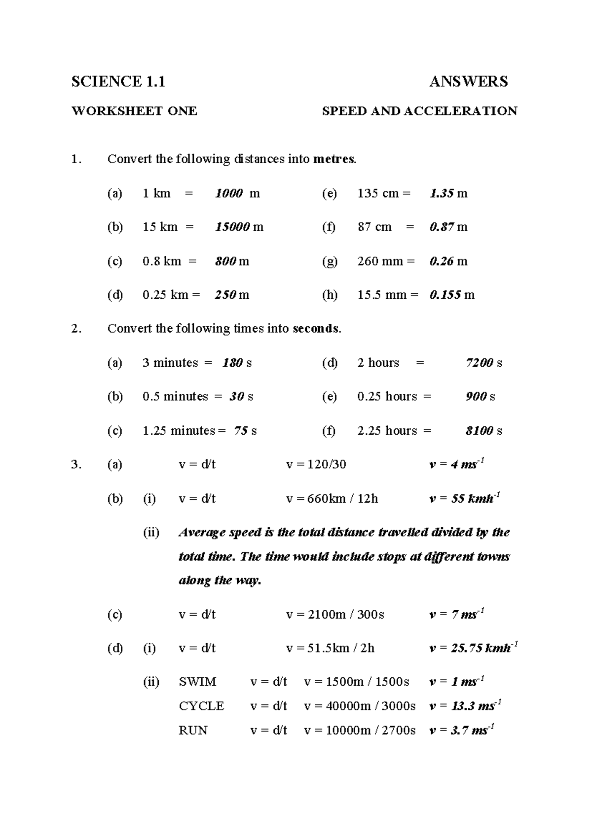 SCIENCE 1.1 Speed and Acceleration Worksheet Answers - Studocu