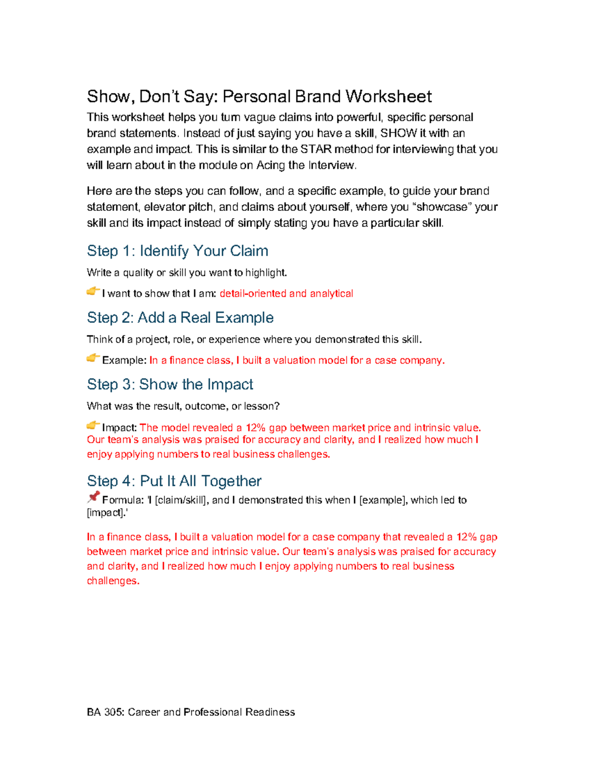 BA 305: Personal Brand Development Worksheet - Studocu