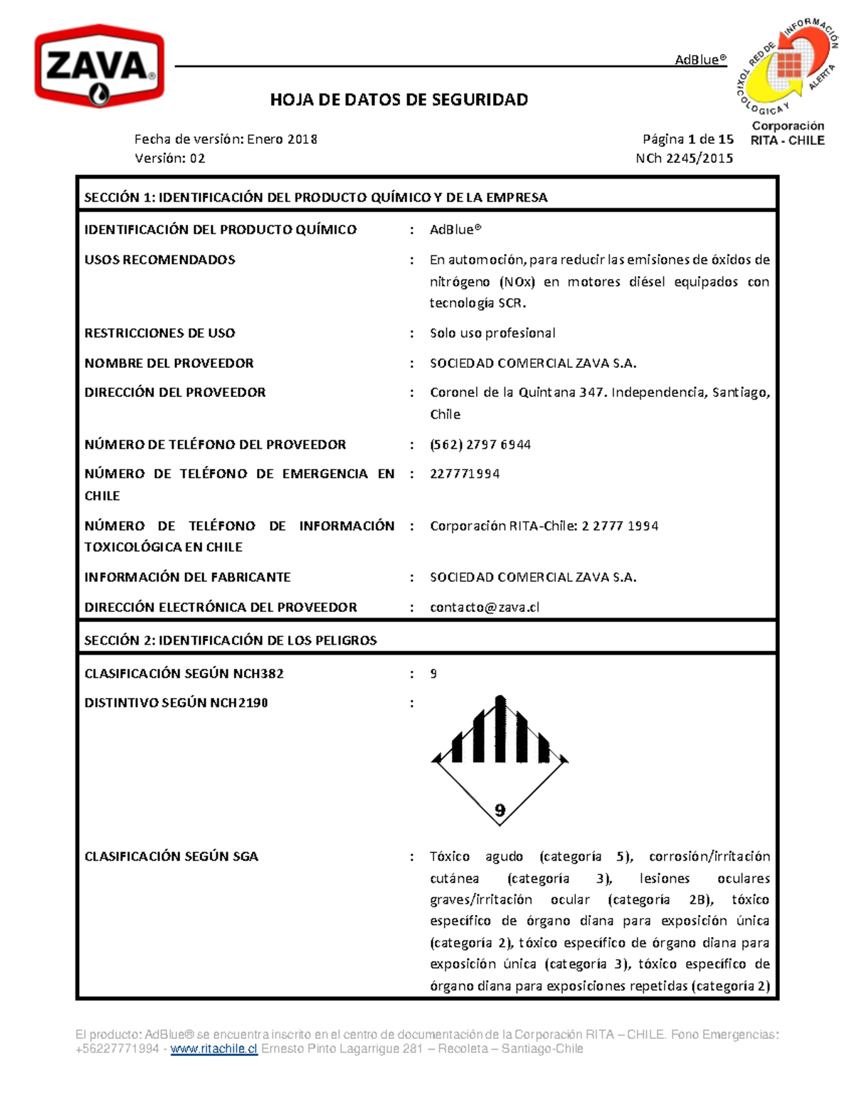 Adblue-ÚREA 20 Litros - Hoja de Datos de Seguridad MSDS NCh 2245/2015 ...