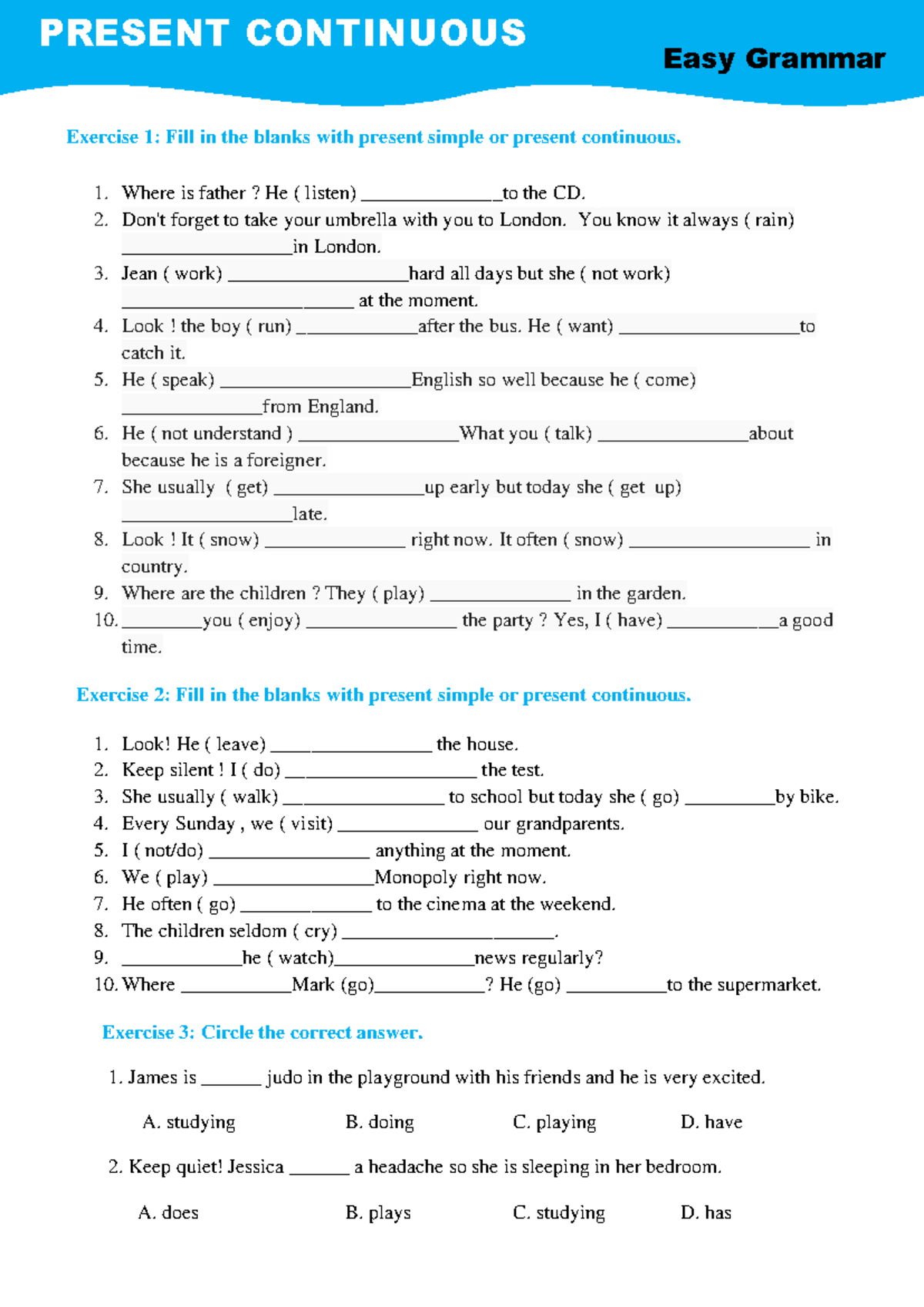 Present Simple & Present Continuous Worksheet 3: Grammar Exercises ...