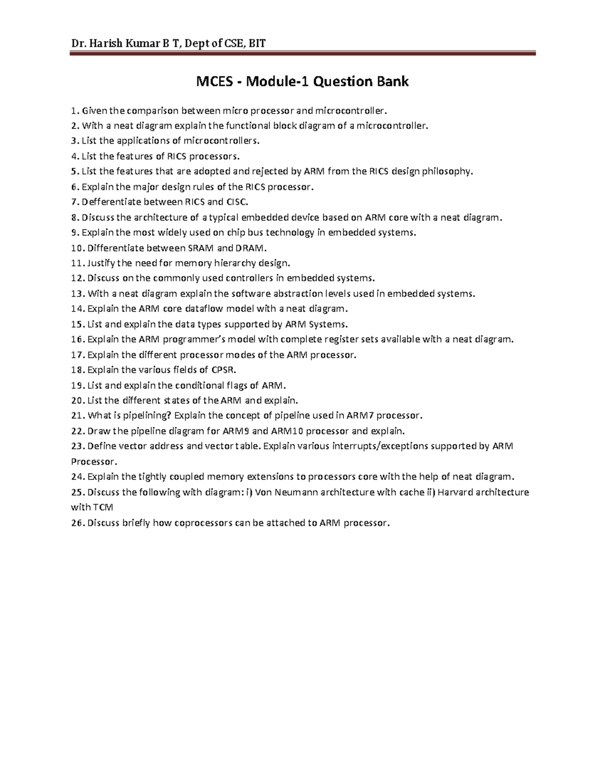 MCES Module-1 Question Bank - Dr. Harish Kumar B T, Dept of CSE, BIT ...