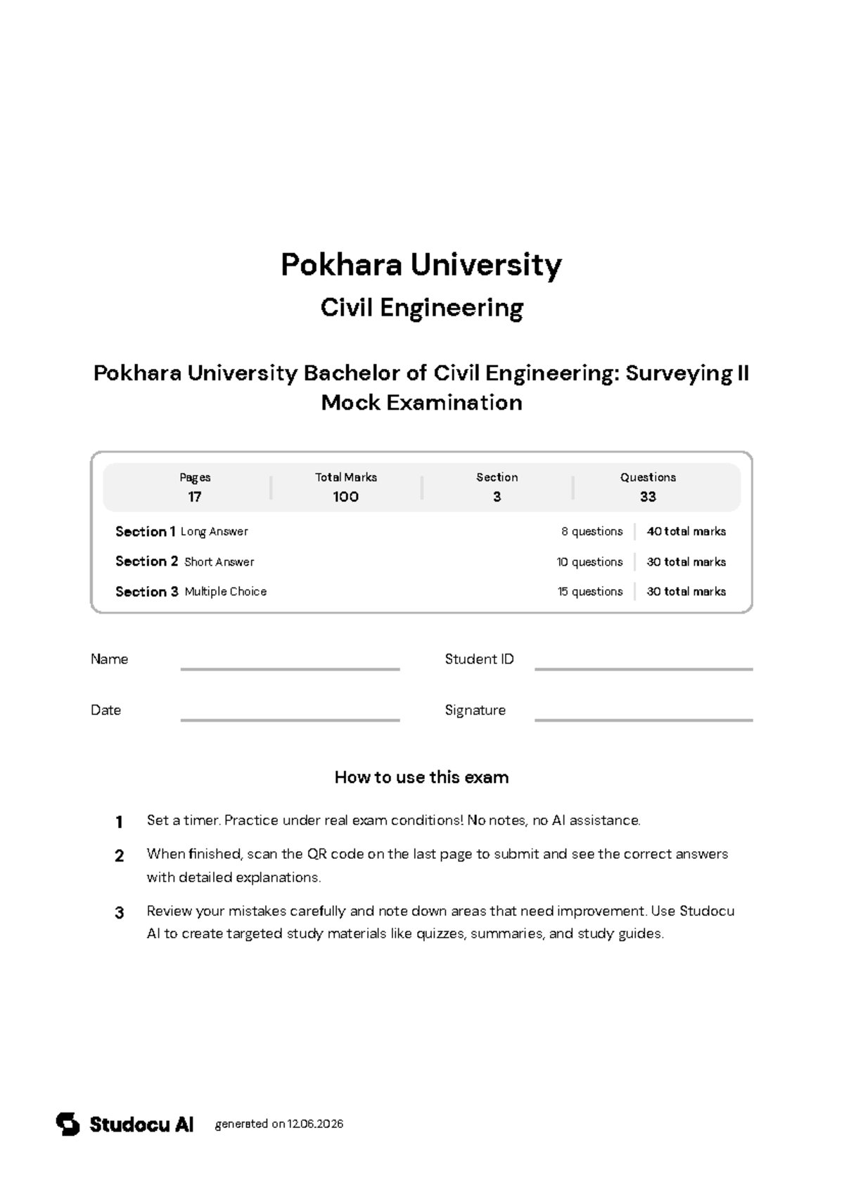 Pokhara University B.E. Civil: Surveying II Mock Exam - Studocu