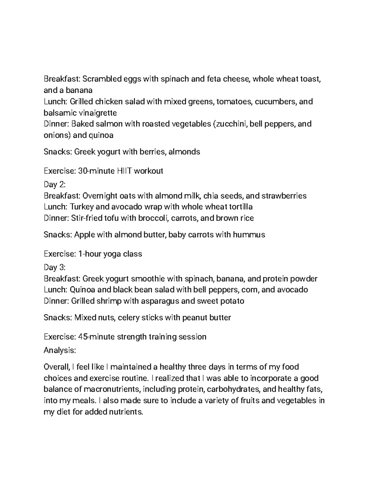 Unit Two Assignment(Emiliano) - Food and Exercise Diary: Day 1 ...