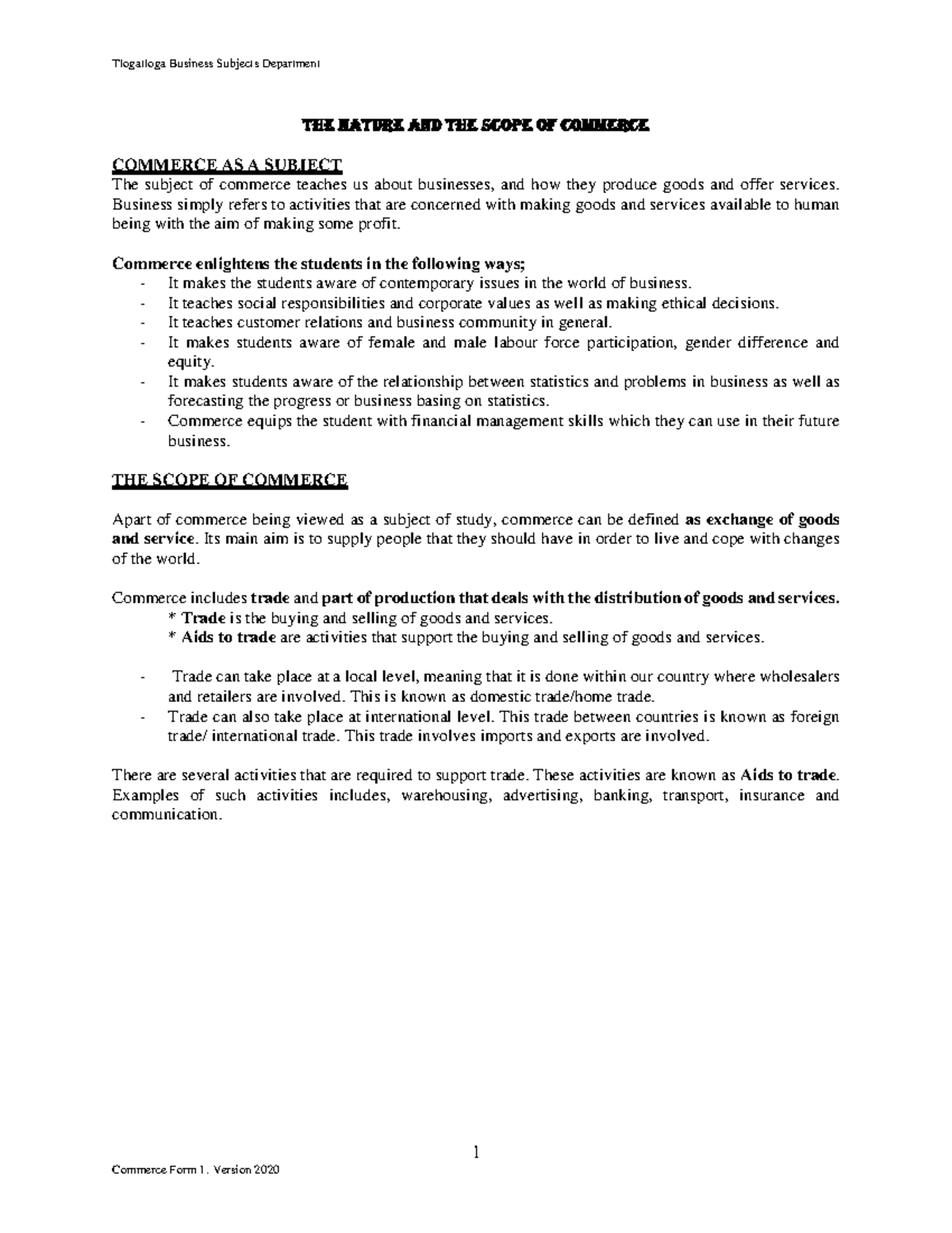 Form 1 Commerce: Understanding the Nature and Scope of Commerce - Studocu