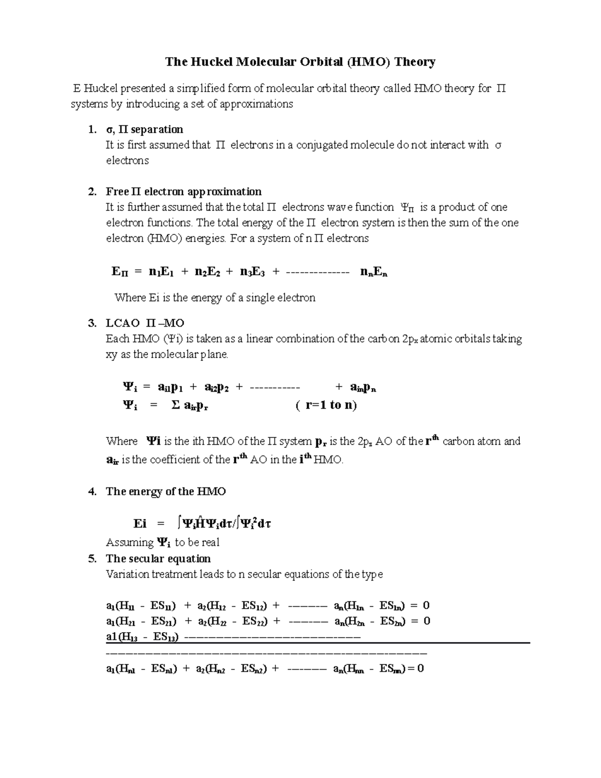 The HMO theory - The Huckel Molecular Orbital (HMO) Theory E Huckel ...