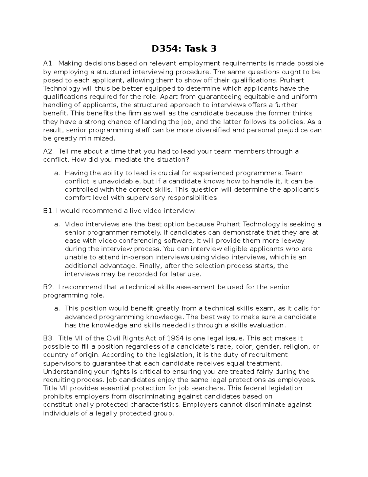 D354 Task 3 - Task 3 - D354: Task 3 A1. Making decisions based on ...