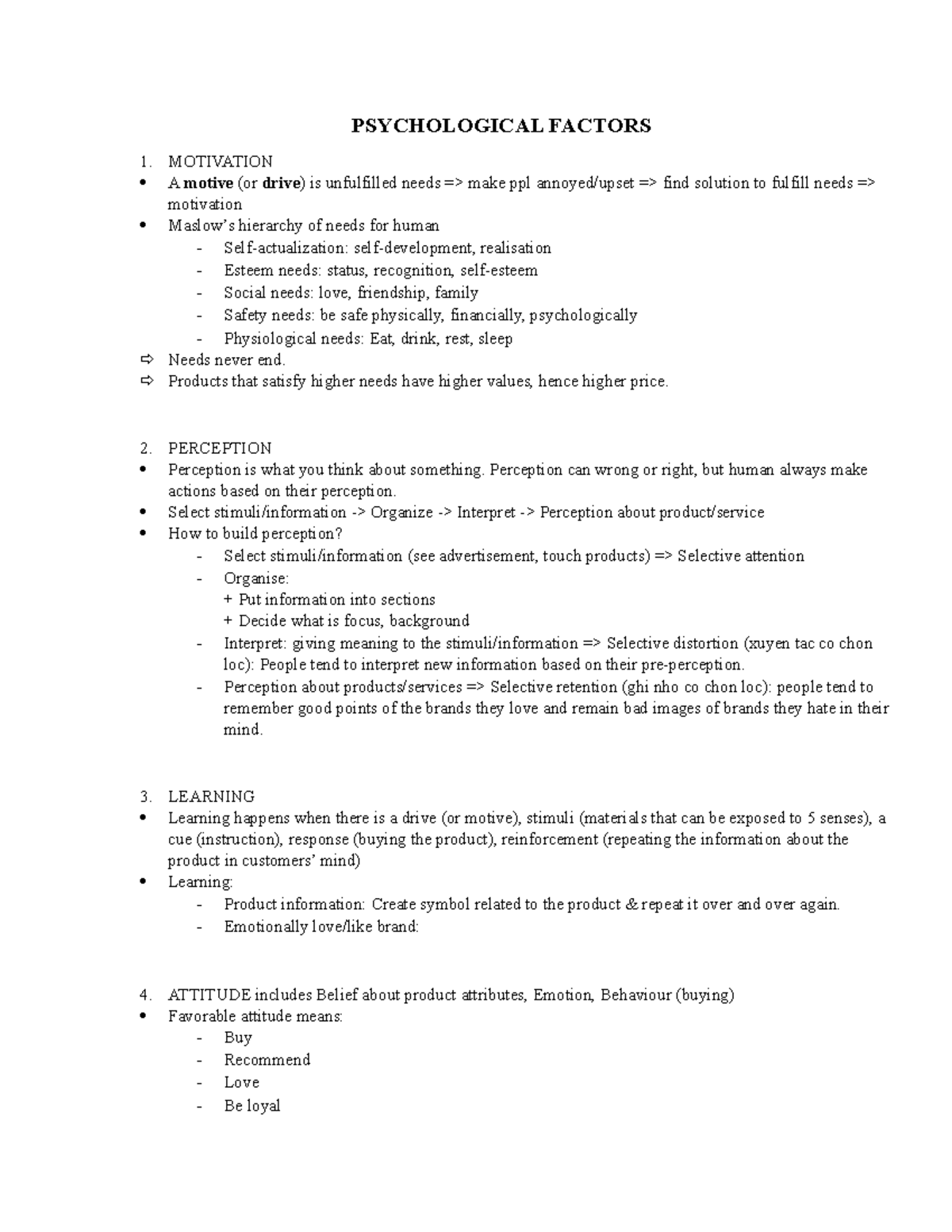 Psychological Factors - POM - PSYCHOLOGICAL FACTORS 1. MOTIVATION A ...