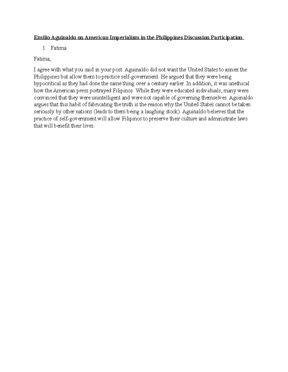 Emilio Aguinaldo on American Imperialism in the Philippines Discussion ...