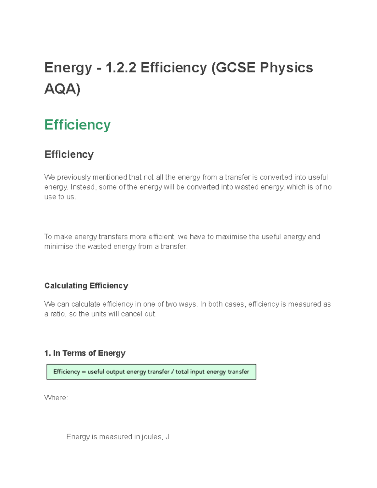 Energy - 1.2.2 Efficiency (GCSE Physics AQA) - Energy - 1.2 Efficiency ...