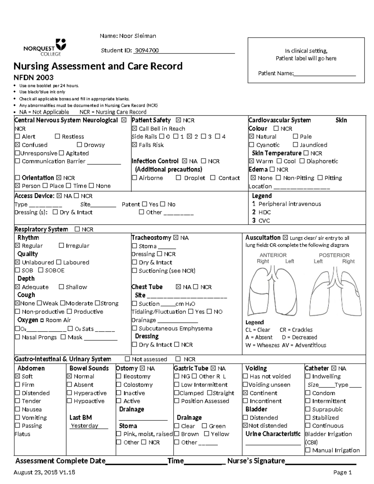 NFDN 2003 Nursing Assessment & Care Record - Student Notes Update - Studocu