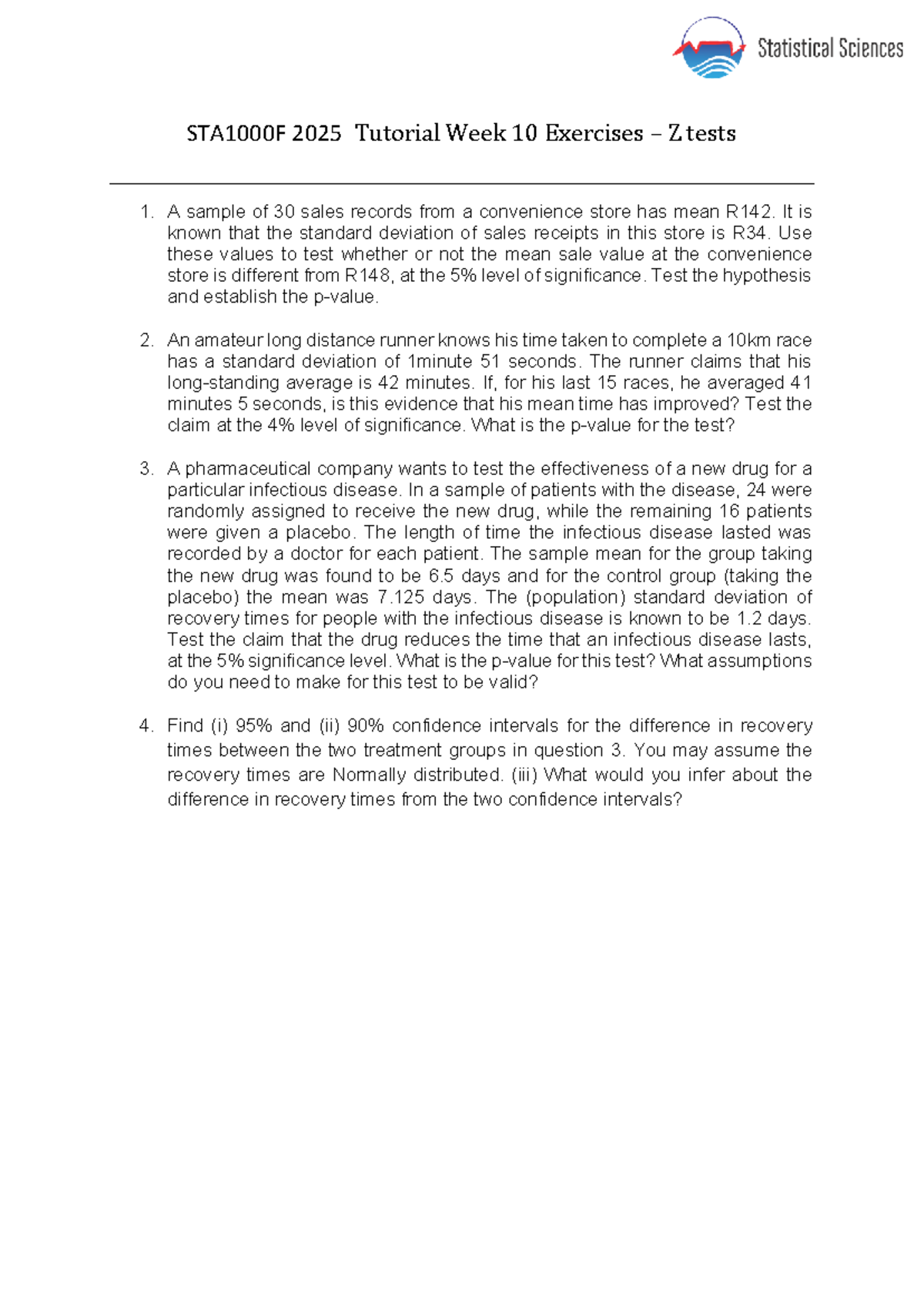 STA1000F 2025 Week 10 Tutorial: Z Tests & Hypothesis Testing - Studocu