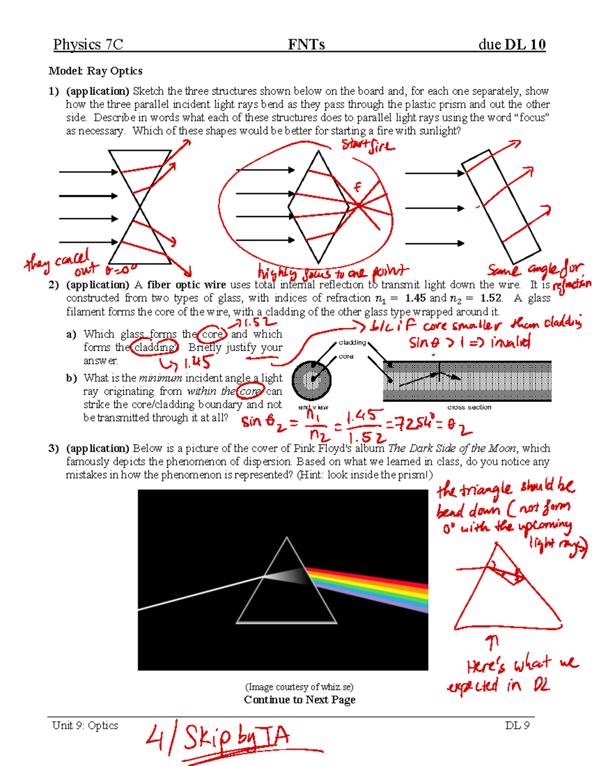 7C FNT9 - 1111 - Physics 7C FNTs due DL 10 Unit 9: Optics DL 9 Model ...