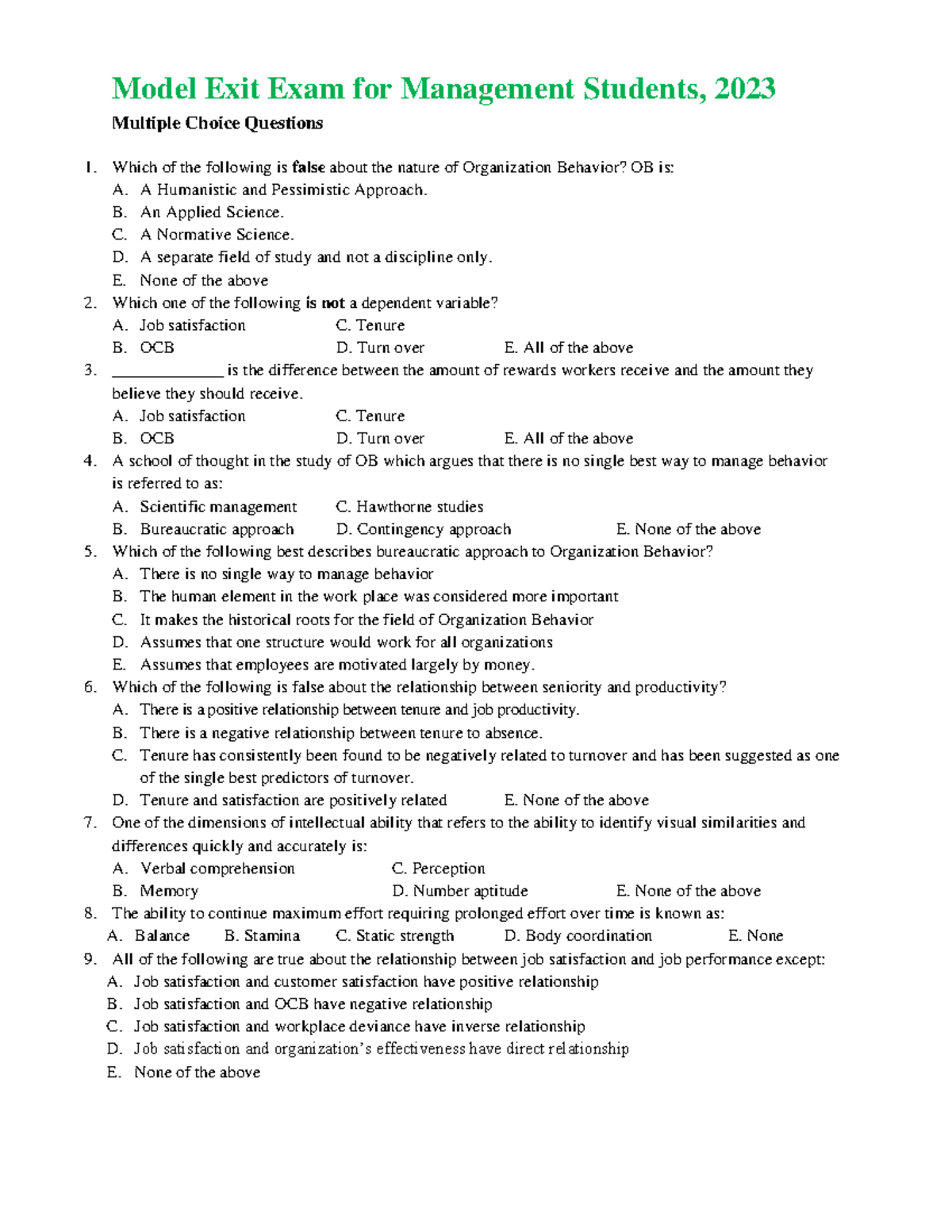 Management Model Exit Exam - Practice Questions 2023 - Studocu