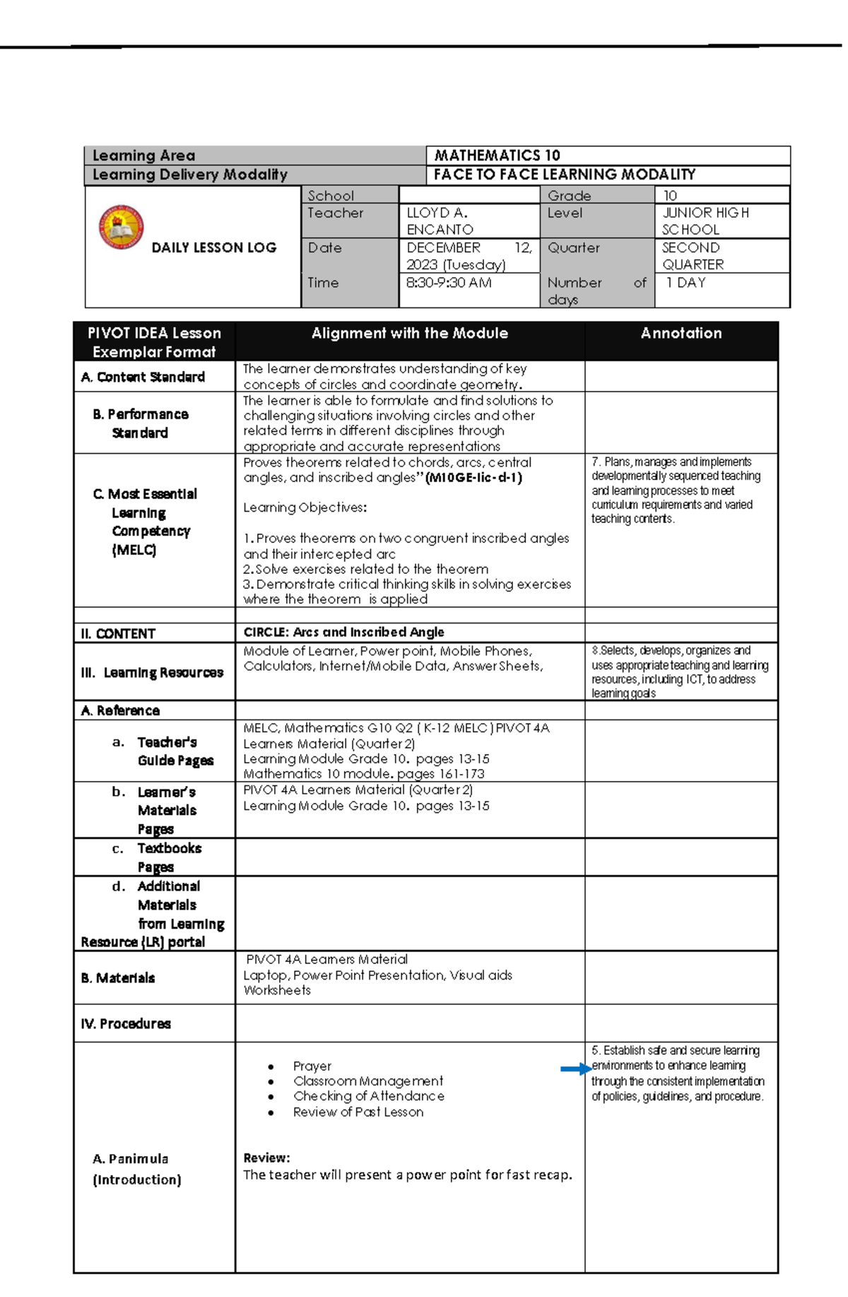 DLP Circle - lesson plan - Learning Area MATHEMATICS 10 Learning ...