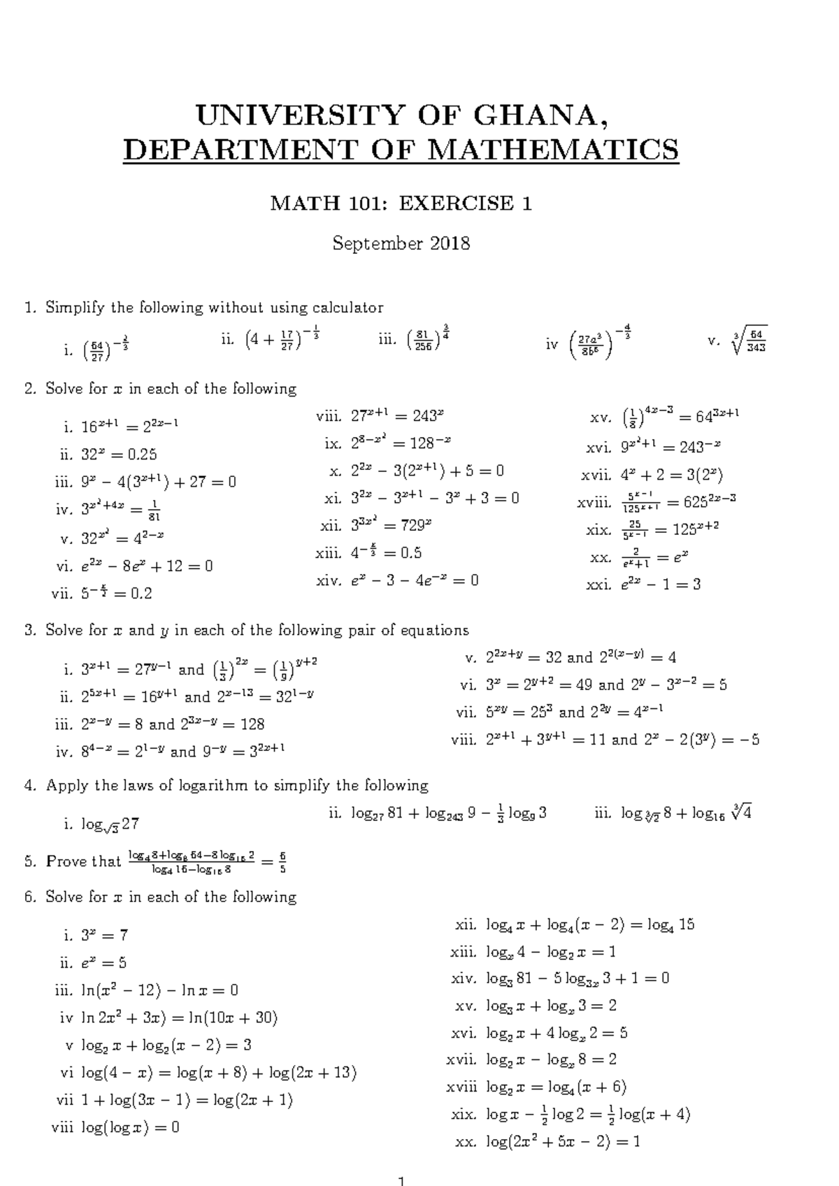 MATH 101: Exercise 1 Solutions - University of Ghana - Studocu