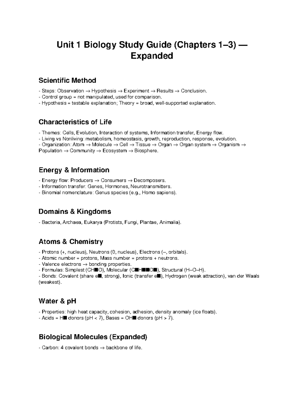 Unit 1 Biology Study Guide (Chapters 1-3) - Detailed Overview - Studocu