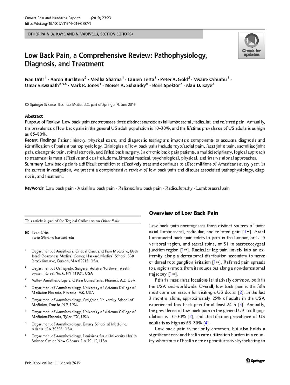 Low Back Pain Review: Pathophysiology, Diagnosis & Treatment (2019 ...